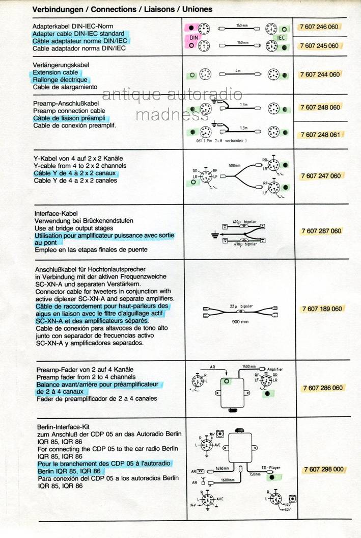 Normes DIN des câbles et adaptateurs Blaupunkt vintage
